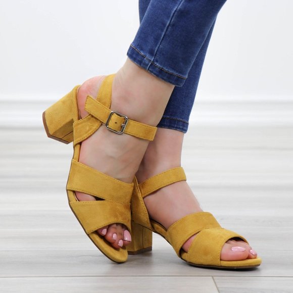 Shoes | Mustard Yellow Faux Suede Block Heel Sandals | Poshmark